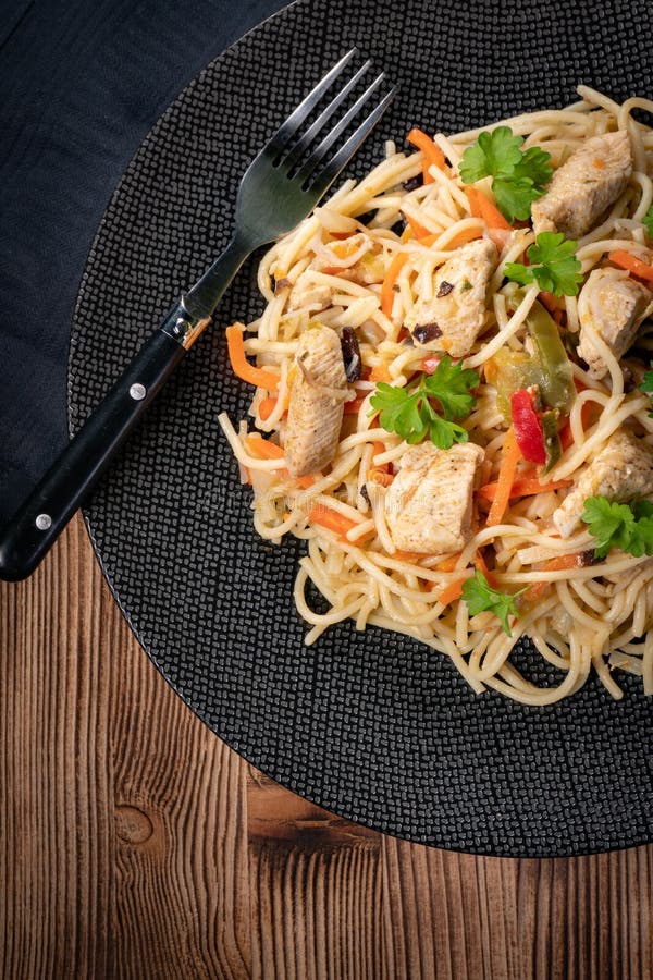 Fried Noodles with Chicken and Vegetables Stock Photo - Image of fast ...