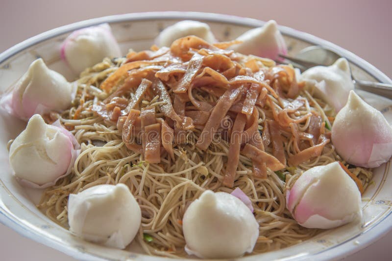 Fried Noodles with Peach Bread for Decoration Stock Photo - Image of ...