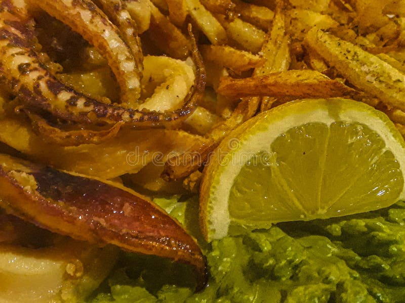 Fried Octopus with Potato Chips Stock Photo - Image of dish, healthy ...