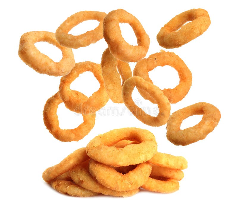 Fried Onion Rings Falling on Background Stock Image - Image of ...