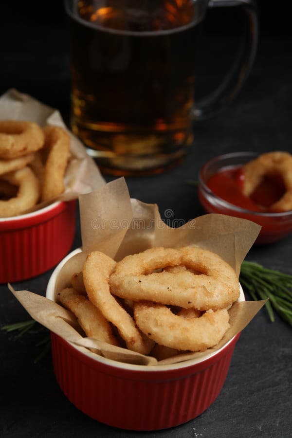 Fried Onion Rings Served on Black Table Stock Photo - Image of black ...
