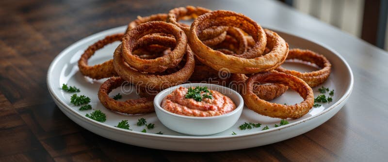 Fried Onion Rings with Tomato Dip Appetizer on Plate. Stock Photo ...