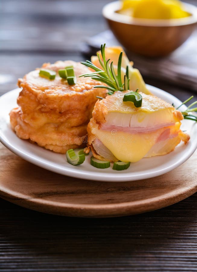 Fried Onion Slices in Batter, Stuffed with Ham and Cheese Stock Image ...