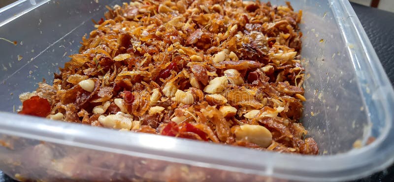 Fried Onions in a Plastic Container Stock Photo - Image of closeup ...