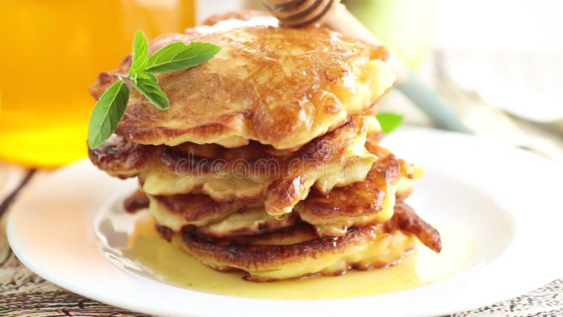 Fried Pancakes with Apples and Honey Stock Video - Video of calories ...