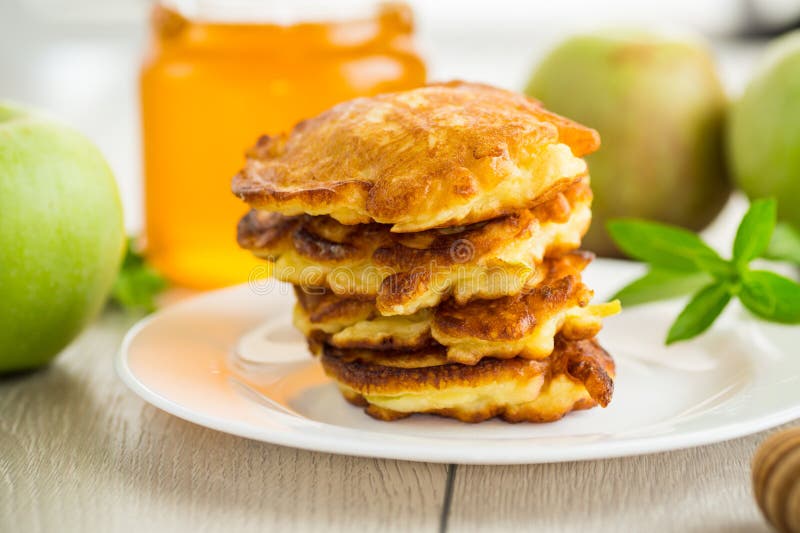 Fried Pancakes with Apples and Honey Stock Image - Image of home, snack ...
