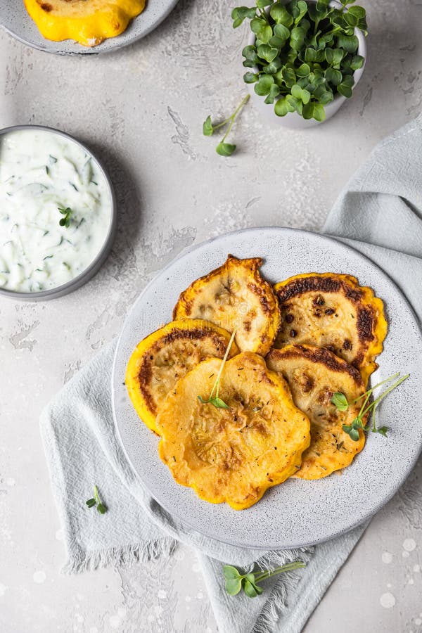 Fried Patisson or Yellow Zucchini with Sauce and Micro Greens, Grey ...