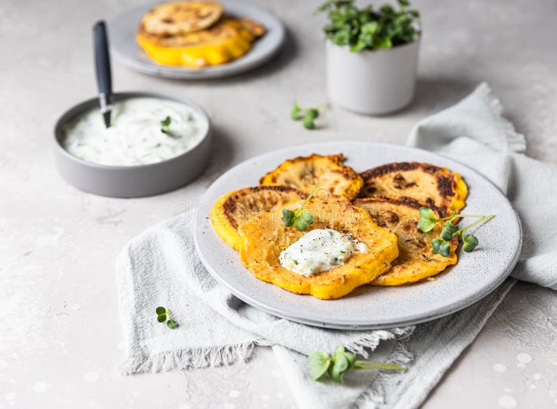 Fried Patisson or Yellow Zucchini with Sauce and Micro Greens, Grey ...