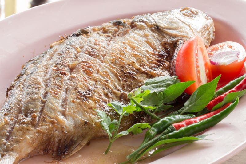 Fried Pickled Fish , Tomato and Chili Stock Photo - Image of white ...