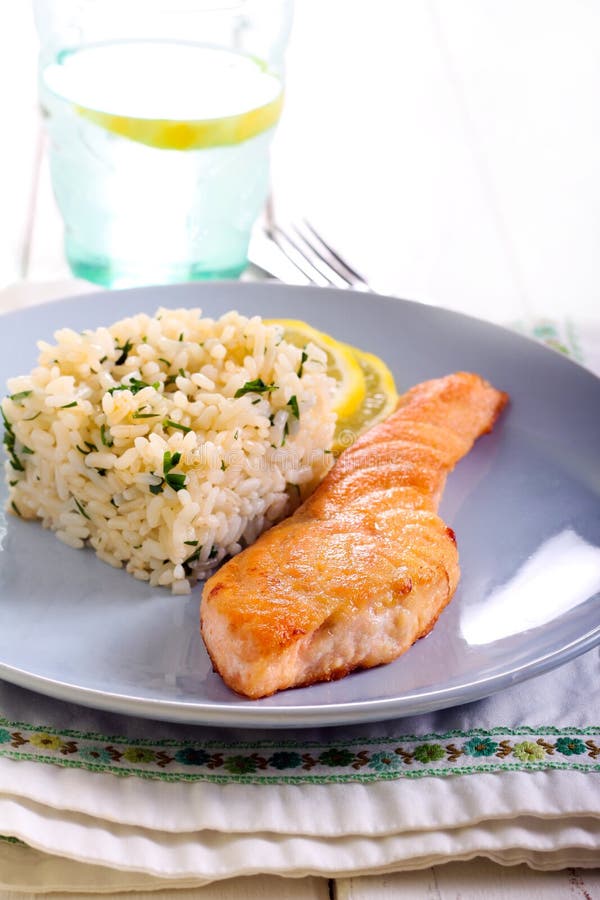 Fried Piece of Salmon and Rice Stock Image - Image of fried, healthy ...