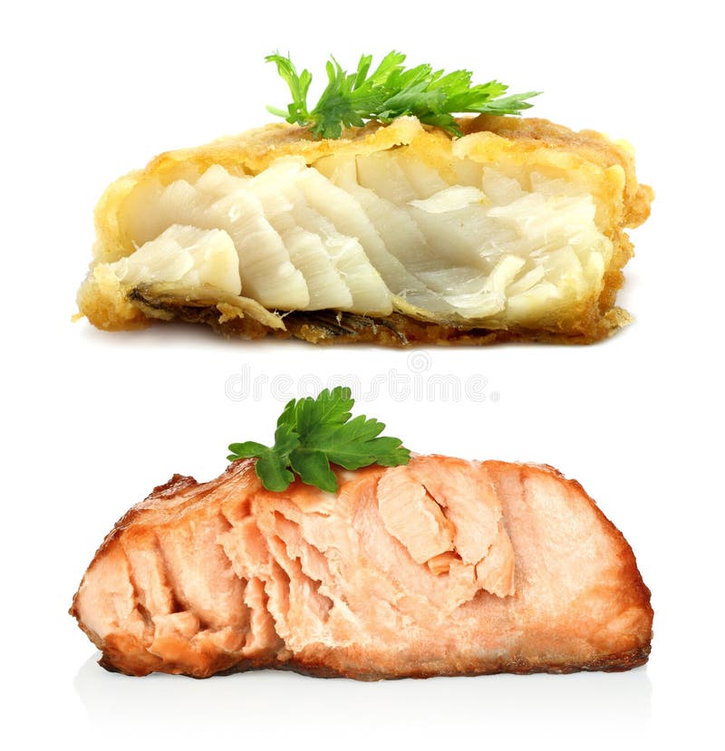 Fried Pieces of Salmon Fish and Pollock Fish Cutlet, on White ...