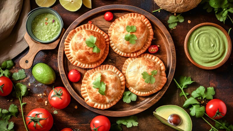Fried Pies with Herbs and Sauces, Generative AI. Stock Illustration ...