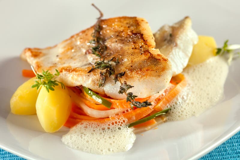 Fried Pike Perch Fillet with Vegetables. Stock Photo - Image of ...