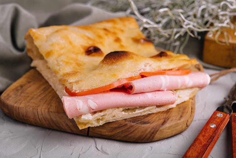Fried pita bread with ham stock photo. Image of fries - 259904670