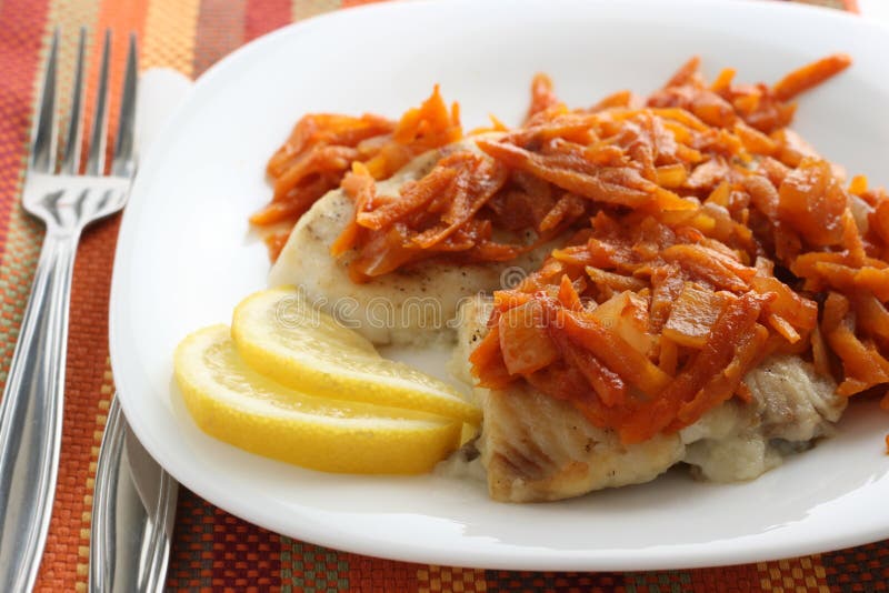 Fried Plaice with Carrot and Lemon Stock Image - Image of brown, plaice ...