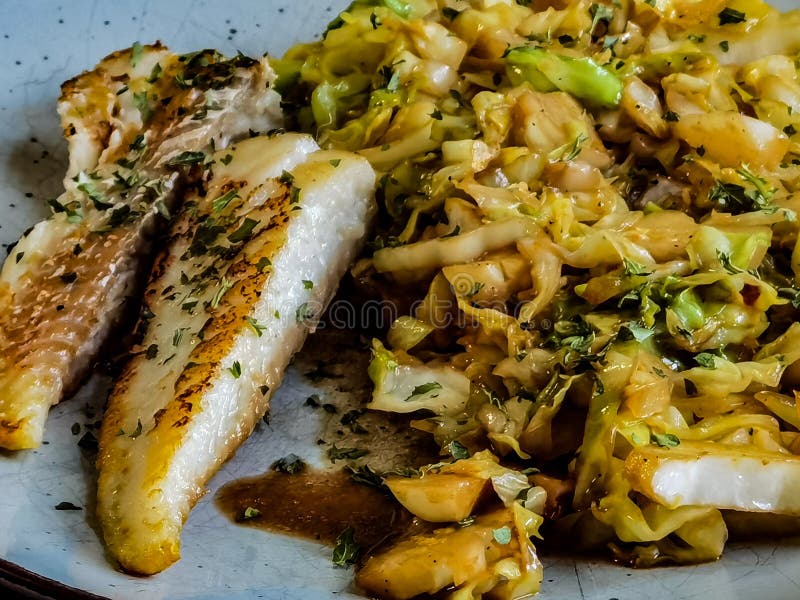 Fried Pointed Cabbage with Fish Stock Image - Image of fish, fruit ...