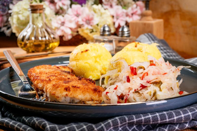 Fried pollock fillet stock image. Image of pollock, served - 346540281