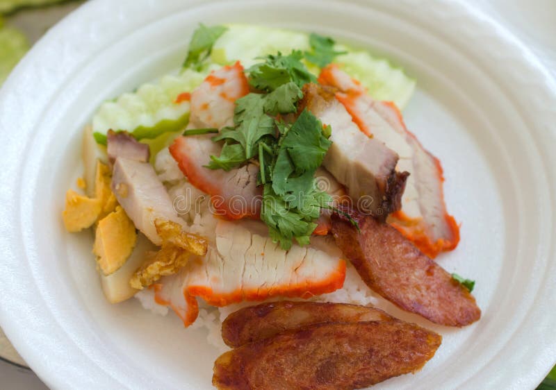 Fried Pork and Crispy Pork Over the Steam Rice Stock Image - Image of ...