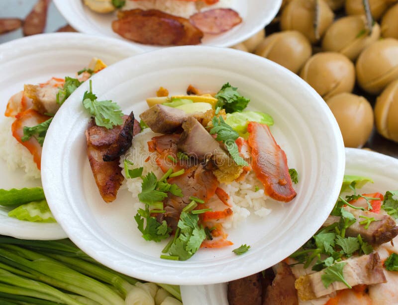 Fried Pork and Crispy Pork Over the Steam Rice Stock Image - Image of ...