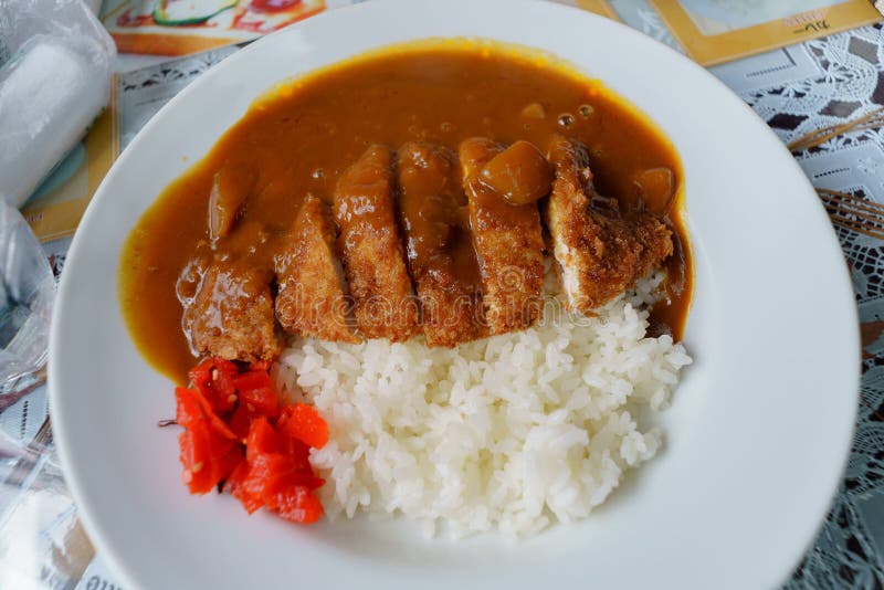 Fried Pork Curry Rice in White Plate Stock Image - Image of potato ...