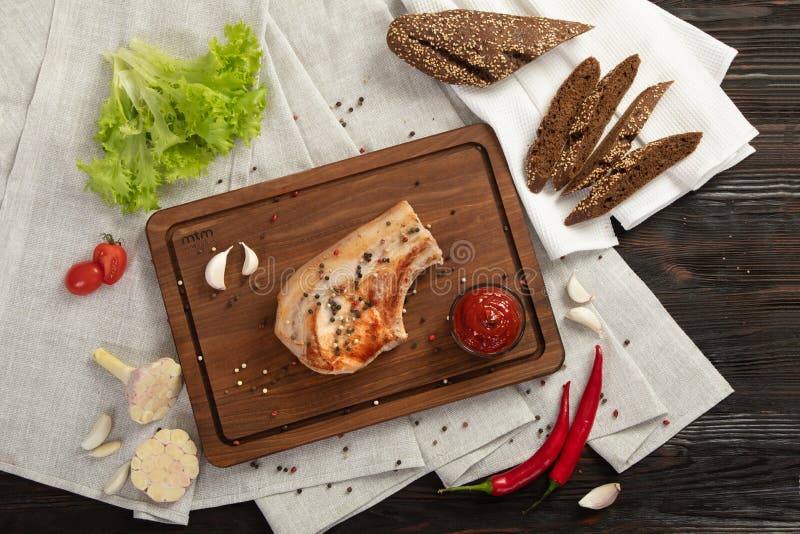 Fried Pork Entrecote on a Board for Serving Stock Image - Image of ...