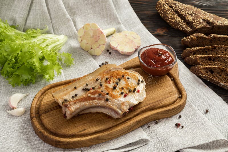 Fried Pork Entrecote on a Board for Serving Stock Image - Image of rump ...