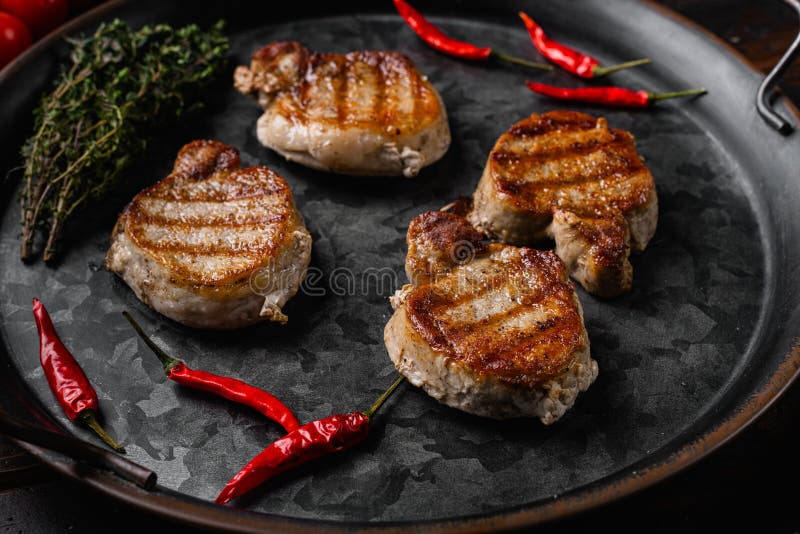 Fried Pork Fillet Set, on Black Dark Stone Table Background Stock Image ...