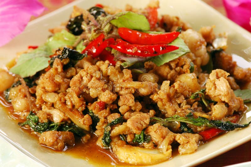 Fried pork with Holy Basil stock photo. Image of diet - 16507236
