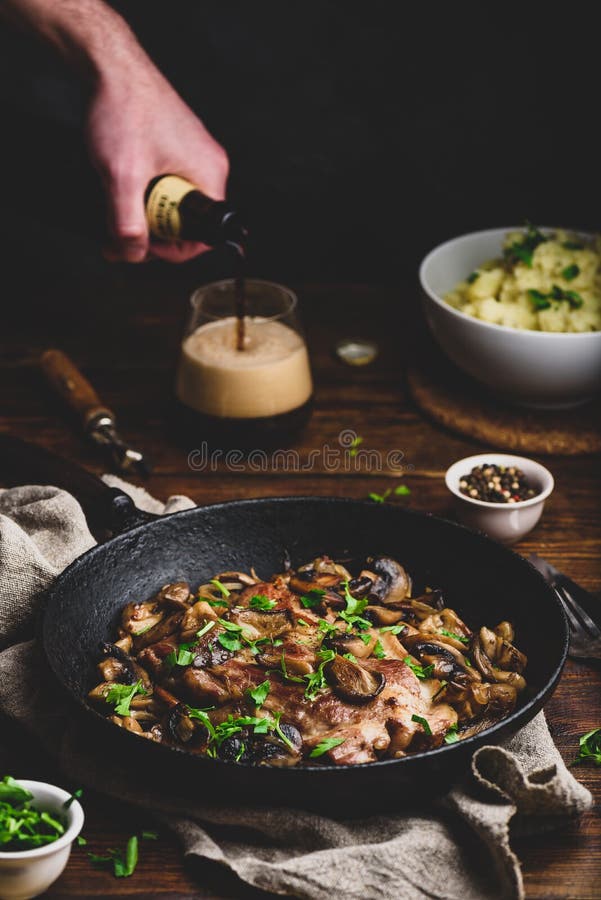 Fried Pork Neck Steak with Different Mushrooms Stock Image - Image of ...
