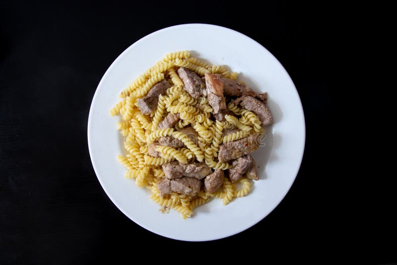 Fried Pork with Pasta without Seasoning and Sauce Stock Image - Image ...