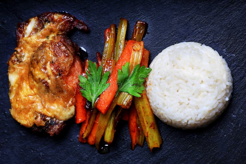 Fried Pork with Rice and Vegetables Stock Photo - Image of barbecue ...