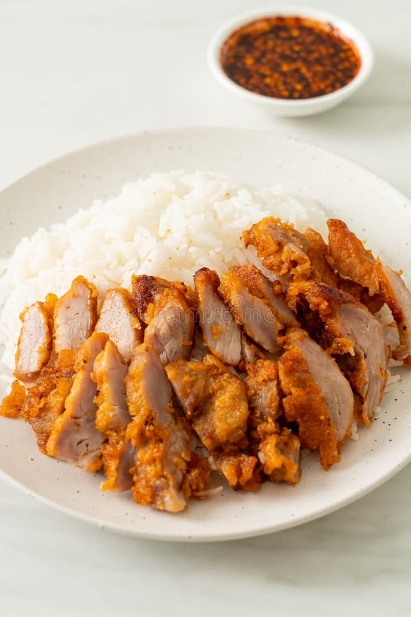 Fried Pork Topped Rice with Dipping Sauce Stock Image - Image of dish ...