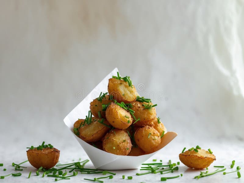 Fried Potato Bites Sprinkled with Fresh Chives in a Paper Cone Stock ...