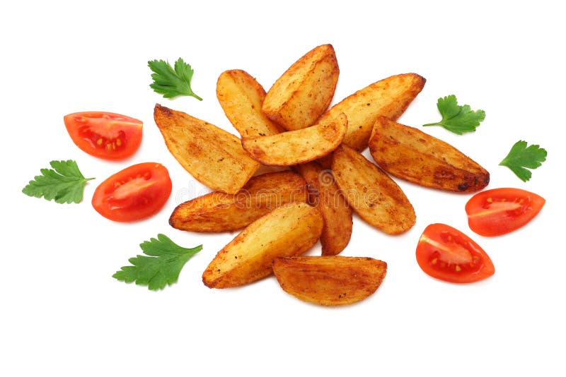 Fried Potato Wedges on Black Plate Isolated on White Background. Top ...