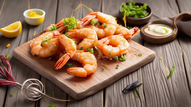 Fried Prawns in Breading on a Log Table. Stock Illustration ...