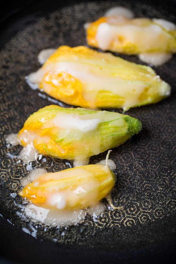 Fried Pumpkin Flower with Flour in Cooking Pan Stock Photo - Image of ...