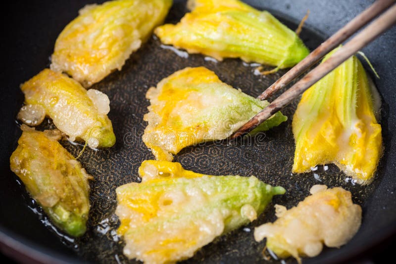 Fried Pumpkin Flower with Flour in Cooking Pan Stock Photo - Image of ...