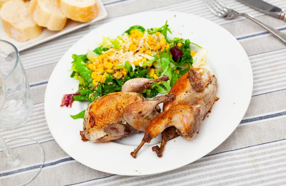 Fried Quail Served with Vegetable Salad Stock Photo - Image of korean ...