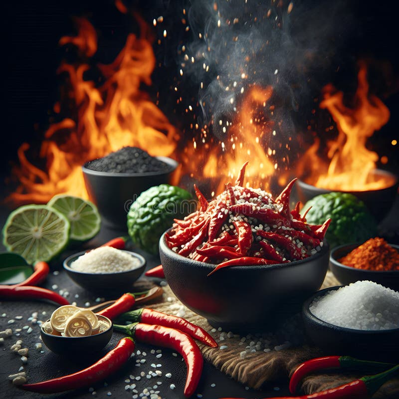Fried Red Chilli on Black Background and Fire Stock Image - Image of ...