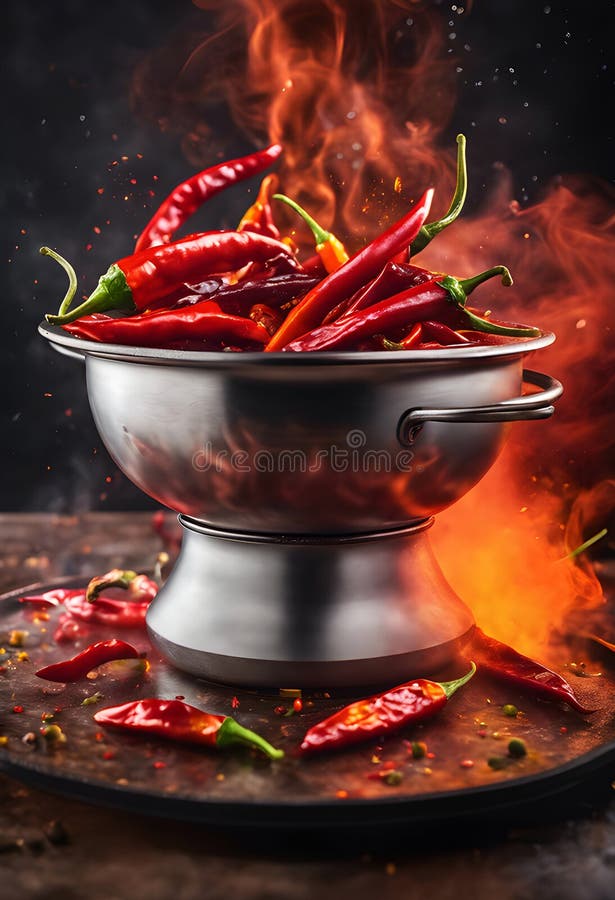 Fried Red Chilli on Black Background and Fire Stock Image - Image of ...