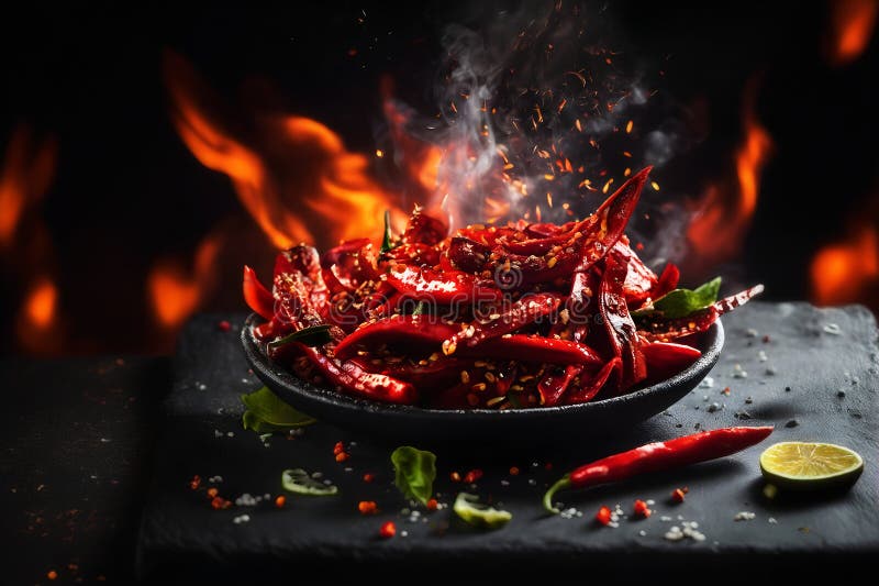 Fried Red Chilli on Black Background and Fire Stock Image - Image of ...