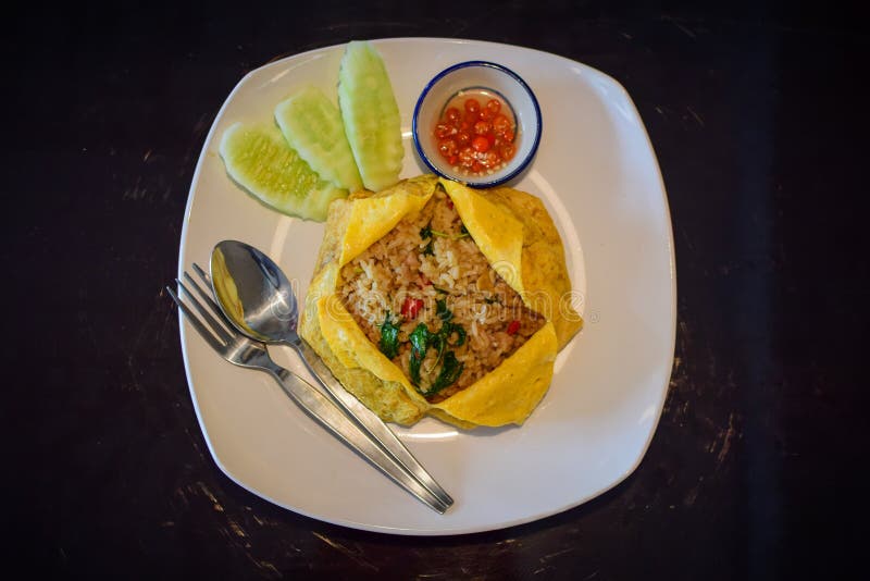 Fried Rice with Basil with Egg Wrap Stock Image - Image of holy ...