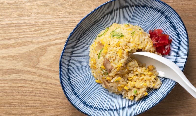 Fried rice in a blue plate stock image. Image of meat - 191116045
