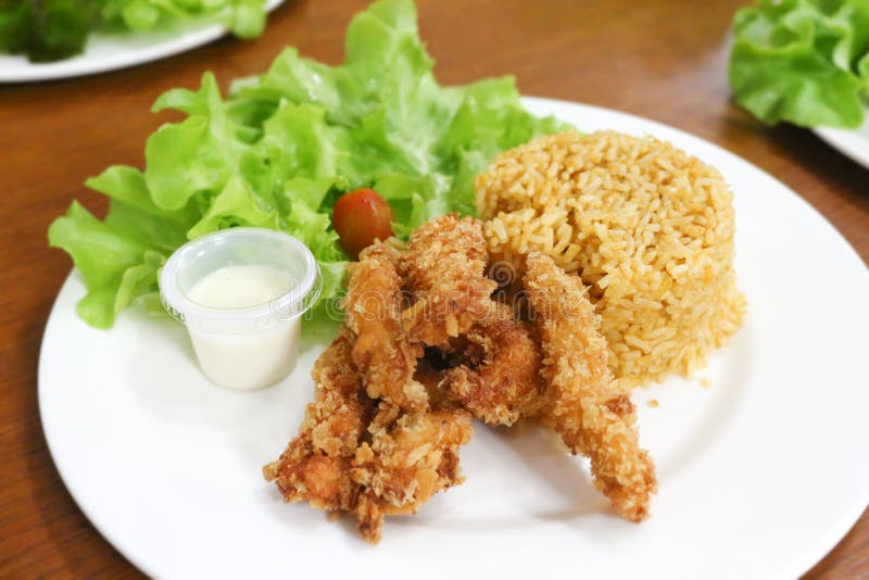 Fried Rice and Breaded Fried Chicken in White Plate Stock Photo - Image ...