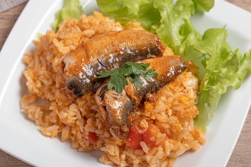 Fried Rice with Canned Fish in a White Plate.Thai Food Stock Photo ...