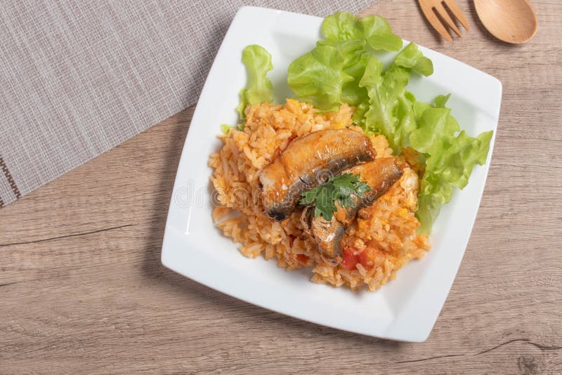 Fried Rice with Canned Fish in a White Plate.Thai Food Stock Photo ...