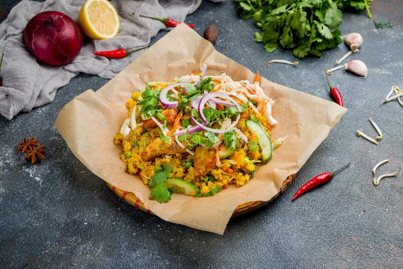 Fried Rice with Chicken Vietnamese Cuisine on Beautiful Dark Stone ...