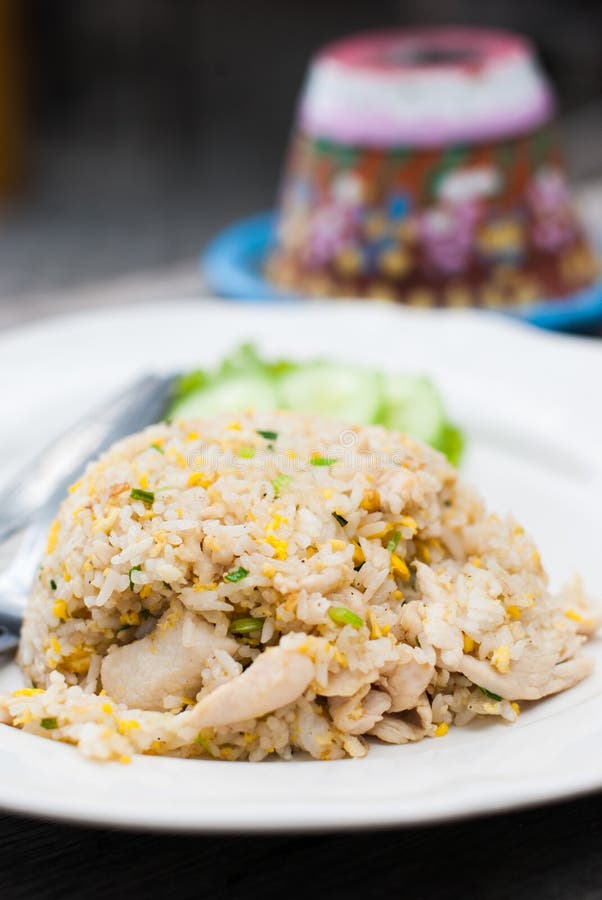 Fried Rice with Chicken in White Dish Stock Image - Image of dinner ...