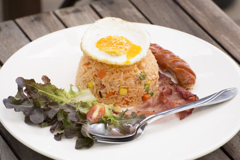 Fried Rice with Egg Bacon and Sausage Stock Image - Image of ...