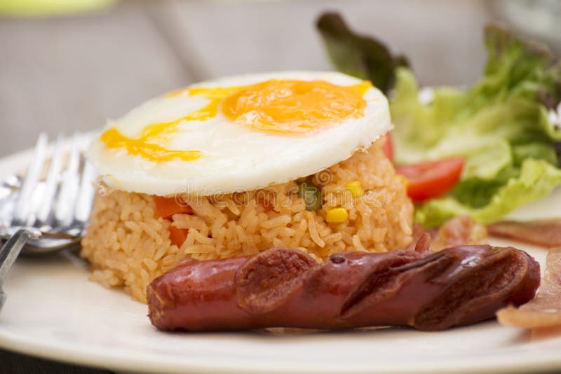 Fried Rice with Egg Bacon and Sausage Stock Photo - Image of breakfast ...